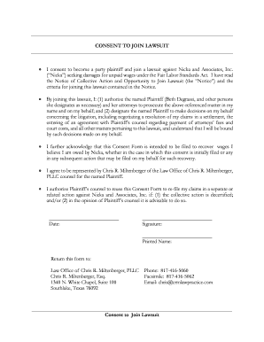 Fillable Online CONSENT TO JOIN LAWSUIT - Overtime Law Fax Email Print - pdfFiller