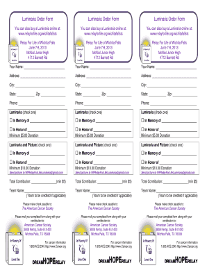 Fillable Online Luminaria Order Form - tattoomyheart.com Fax Email ...