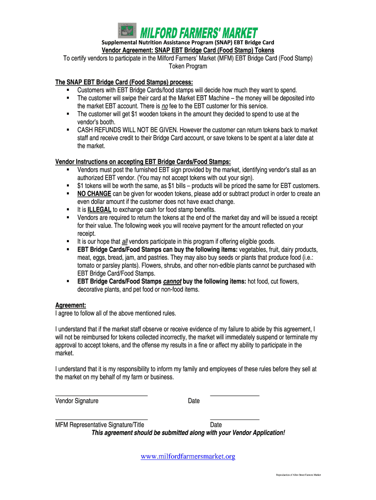 Fillable Online milfordfarmersmarket Vendor Agreement: EBT Bridge Card ...