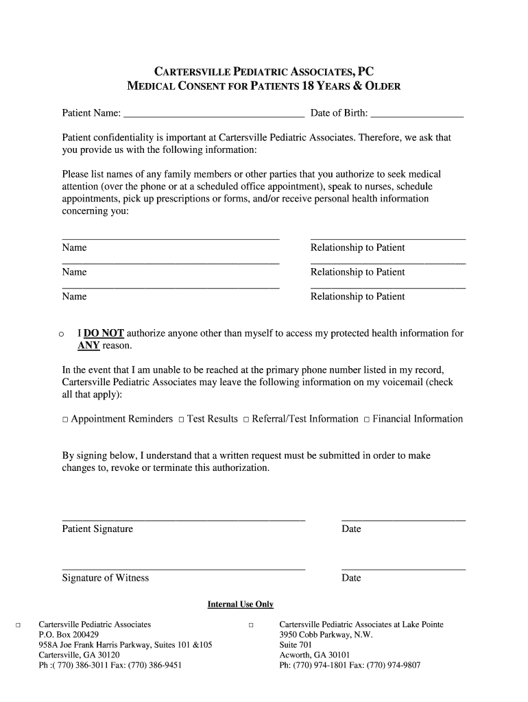 Fillable Online CARTERSVILLE PEDIATRIC ASSOCIATES PC MEDICAL CONSENT ...