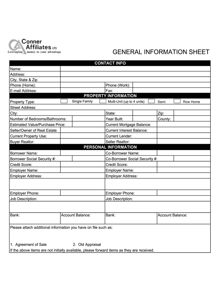Fillable Online GENERAL INFORMATION SHEET - conneraffiliates.com Fax ...