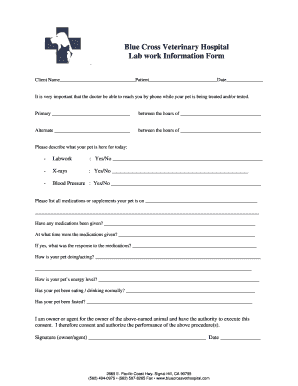 Fillable Online Blue Cross Veterinary Hospital Lab work Information ...