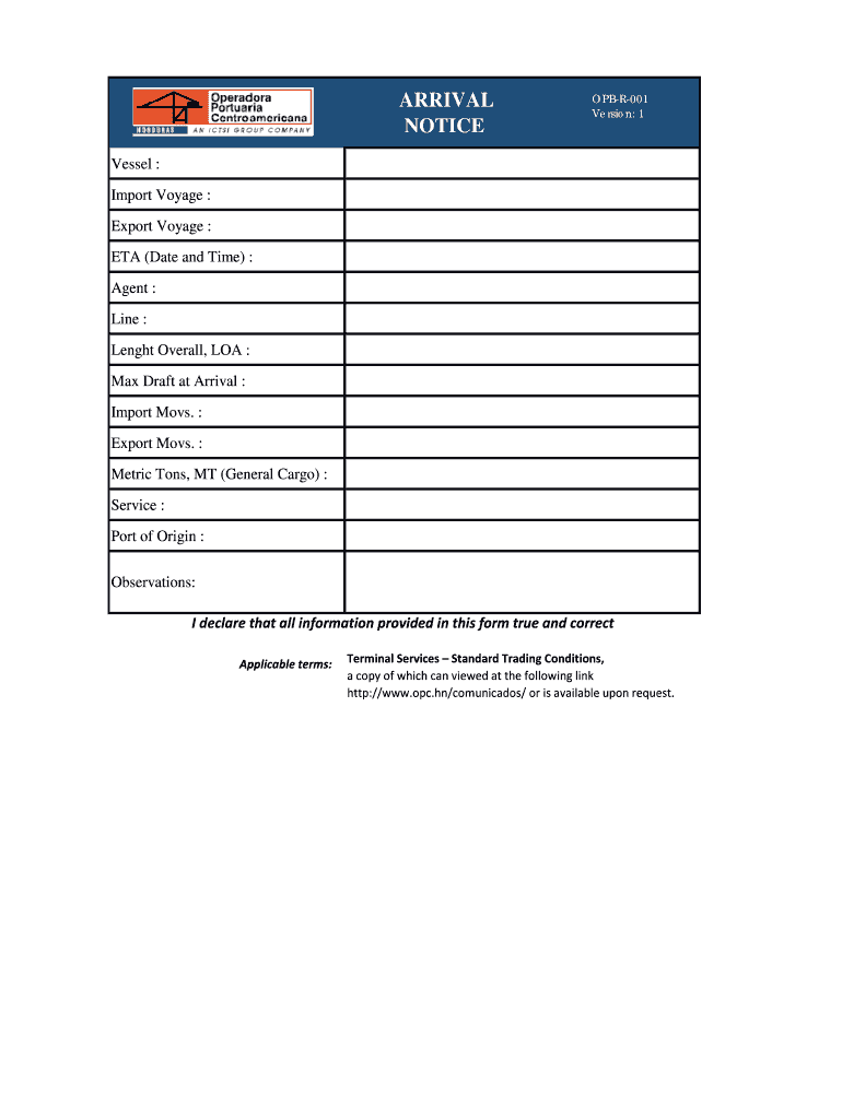Fillable Online opc ARRIVAL NOTICE - opc.hn Fax Email Print - pdfFiller