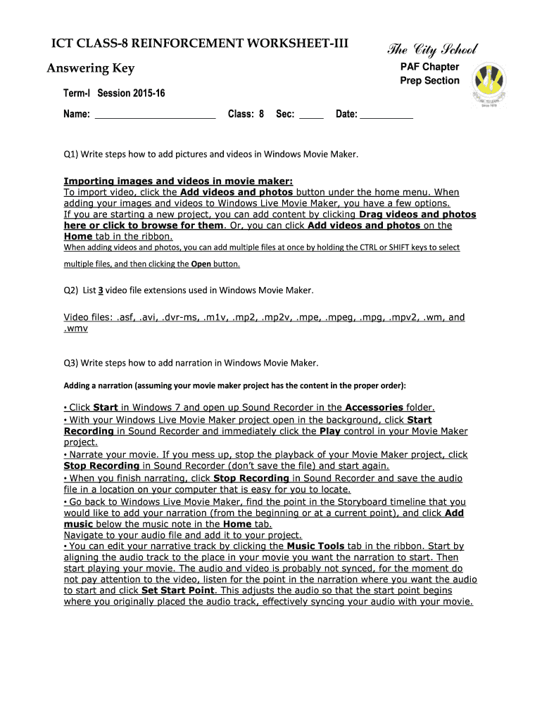 Fillable Online ICT CLASS-8 REINFORCEMENT WORKSHEET-III The City School Fax Email Print - pdfFiller