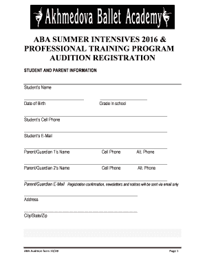 Fillable Online akhmedovaballet ABA audition registration form 2016 ...