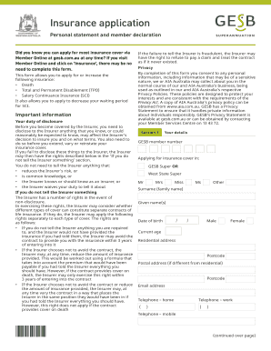 Fillable Online Insurance application Personal statement and member ...