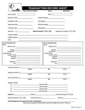 Fillable Online TRANSACTION RECORD SHEET - planet.planetgrouprealty.com ...