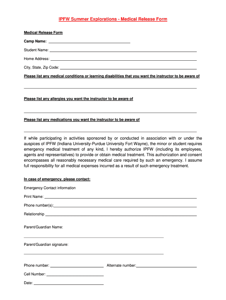 Fillable Online raspberrypicamp IPFW Summer Explorations - Medical Release Form Fax Email Print ...