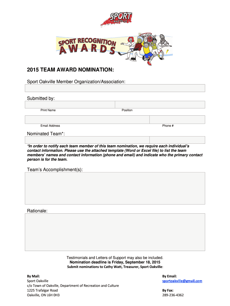 Fillable Online 2015 TEAM Award Nomination Form - Sport Oakville Fax ...