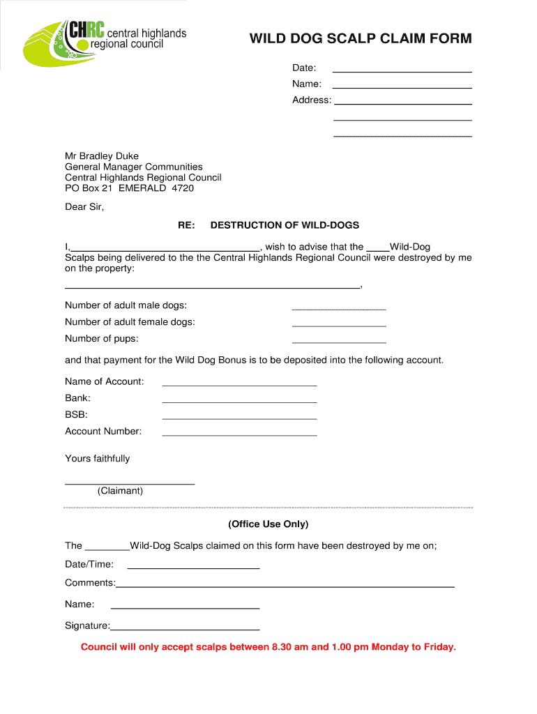 Fillable Online centralhighlands qld gov Wild dog scalp claim form ...