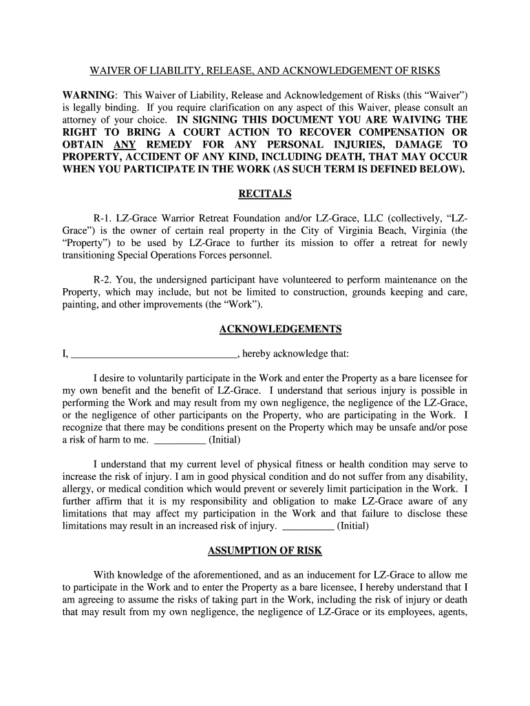 Fillable Online WAIVER OF LIABILITY, RELEASE, AND ACKNOWLEDGEMENT OF ...