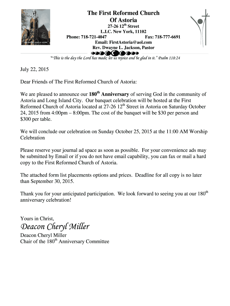Fillable Online churches rca 180th Anniversary Invitation Letter First ...