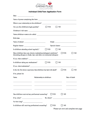 Fillable Online Individual Child/Teen Application Form - Highmark ...
