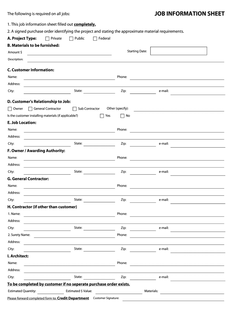 Fillable Online JOB INFORMATION SHEET - Midwest Construction Products ...