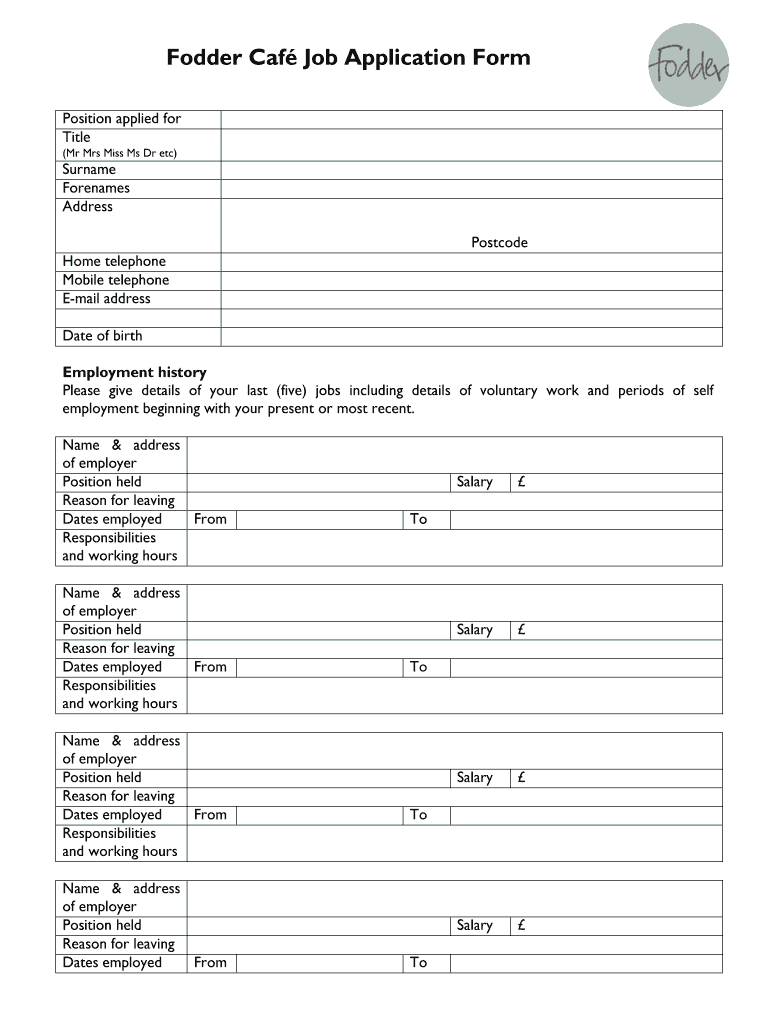 Fillable Online fodder co Sample Job Application Form - fodder.co.uk ...