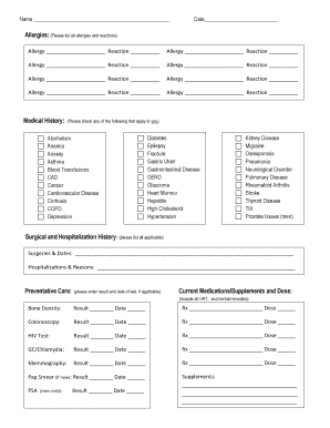 Fillable Online Allergies: (Please list all allergies and reactions ...