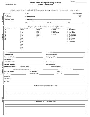 Fillable Online Tahoe Sierra Multiple Listing Service Rental Data Form Fax Email Print - pdfFiller