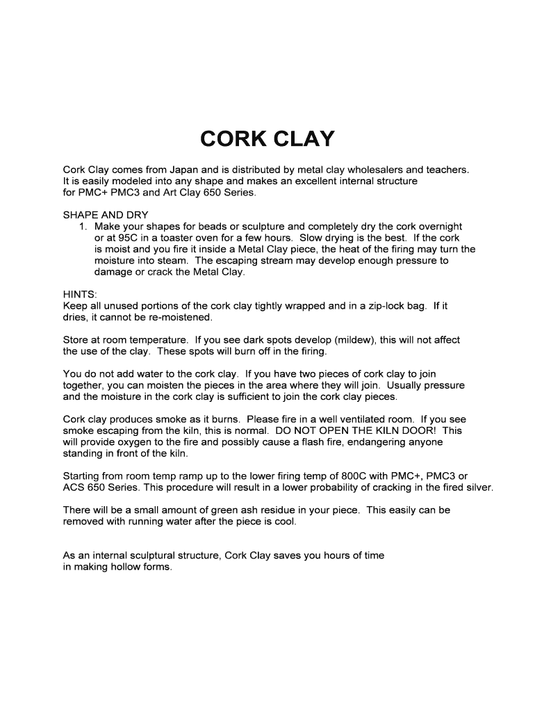Fillable Online CORK CLAY - Metal Clay Australia Fax Email Print ...