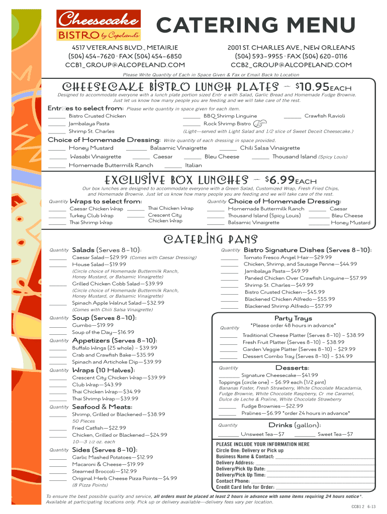 Fillable Online CATERING MENU - Copelands Cheesecake Bistro Fax Email ...