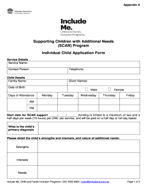 Fillable Online (SCAN) Program Individual Child Application Form - Big ...
