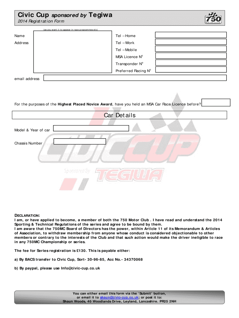 Fillable Online 2014 Reg form Civic Cup.docx Fax Email Print - pdfFiller