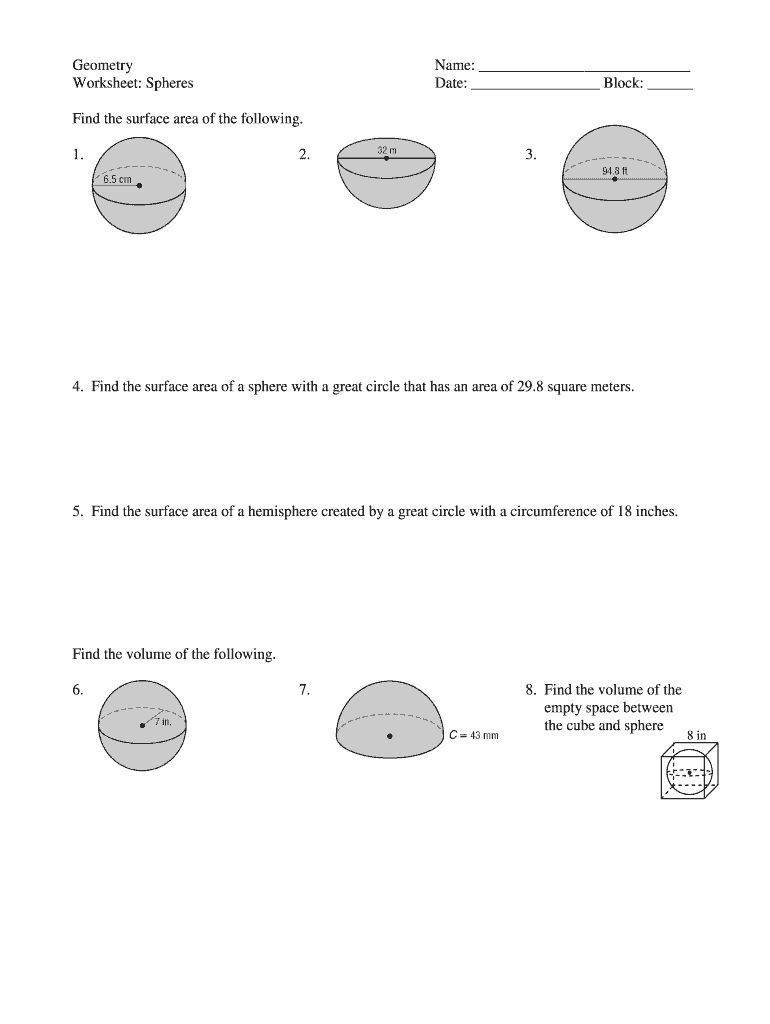 Fillable Online Geometry Name: Worksheet: Spheres Date: Block: Find the ...