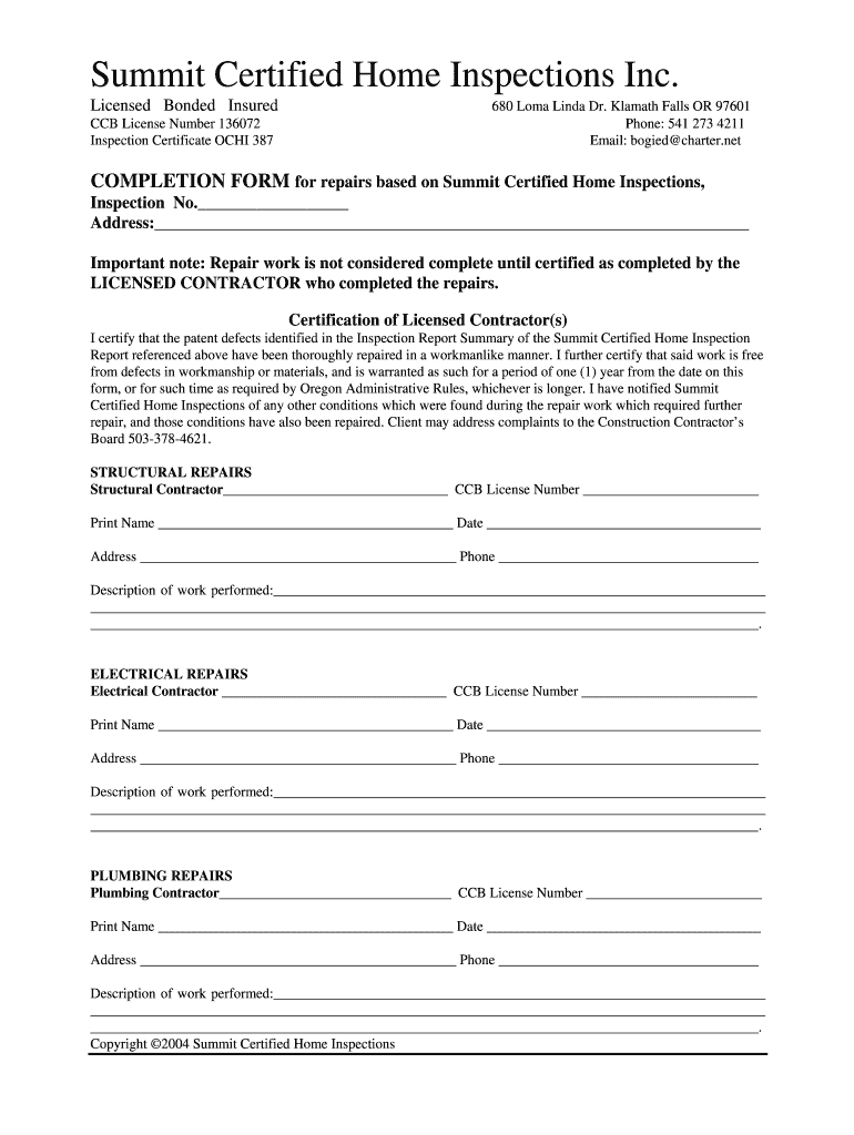 Fillable Online Summit Certified Home Inspections Inc. Fax Email Print ...