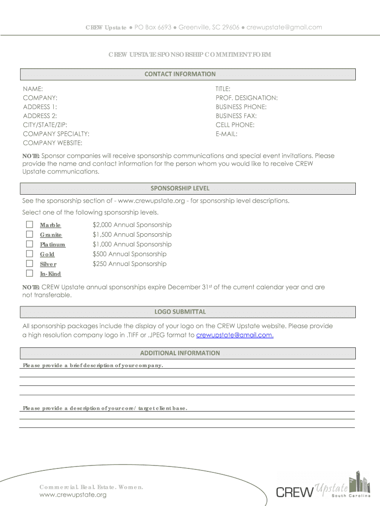 Fillable Online crewupstate Sponsorship Commitment Form - CREW Upstate Fax Email Print - pdfFiller