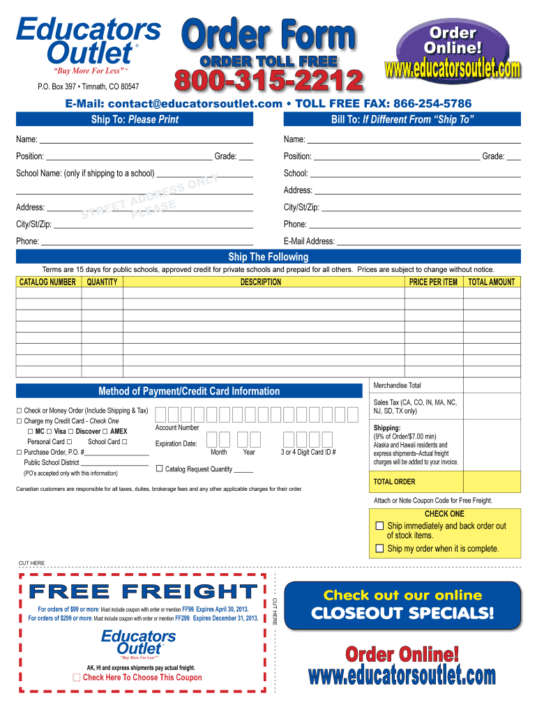 Fillable Online Order Form Order Online! ORDER TOLL FREE - Educators ...