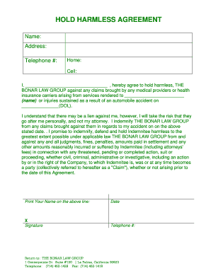 Fillable Online HOLD HARMLESS AGREEMENT - Bonar Law Group Fax Email ...