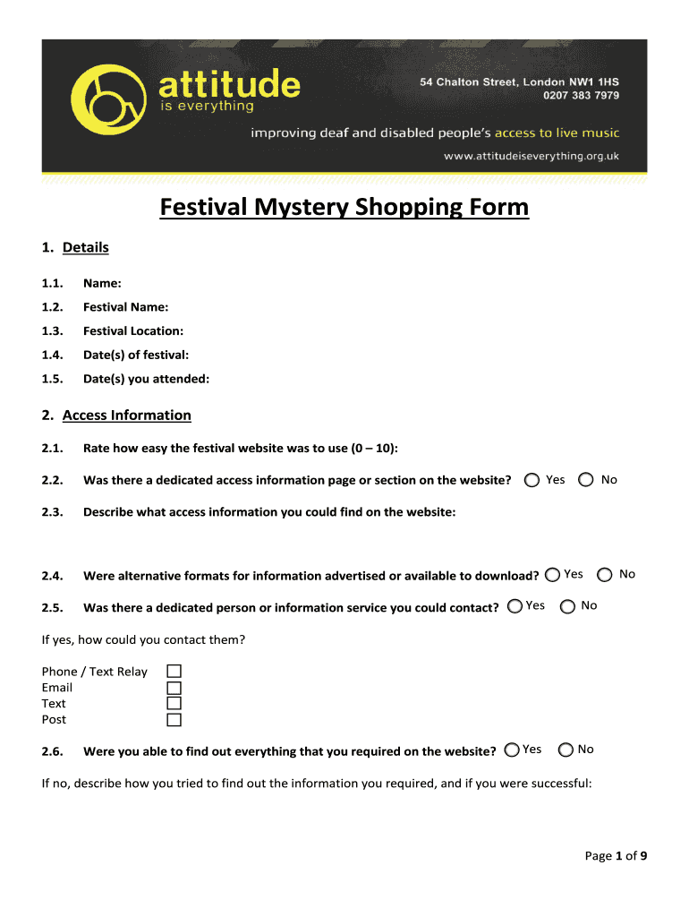 Fillable Online attitudeiseverything org Festival Mystery Shopping Form ...
