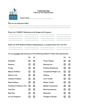 Fillable Online Coastal Neurology Follow-up Visit Questionnaire Patient ...