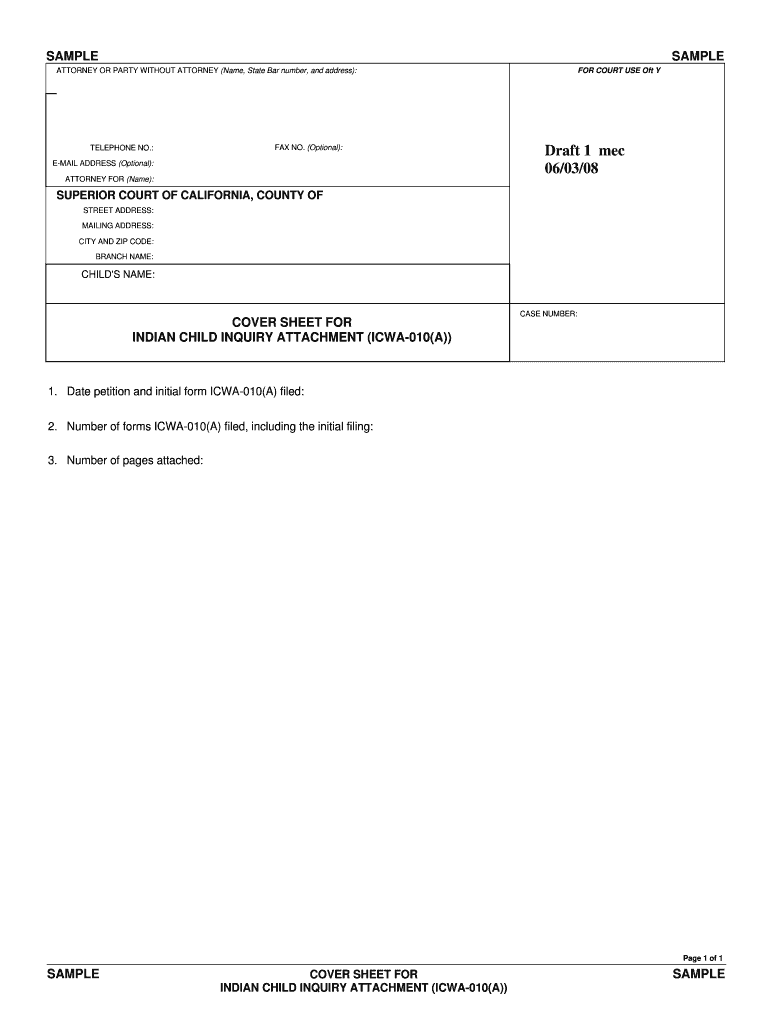 Fillable Online courts ca Sample Cover Sheet ICWA-10(A) - courts ca Fax Email Print - pdfFiller