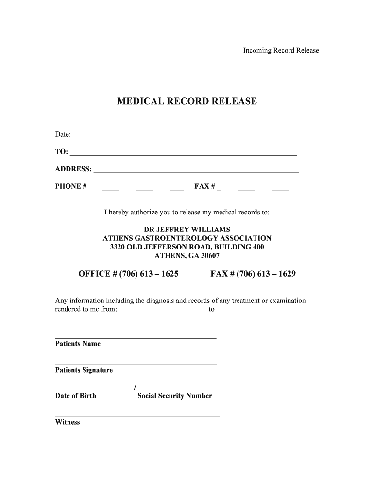 Fillable Online MEDICAL RECORD RELEASE - athensgastro.com Fax Email Print - pdfFiller
