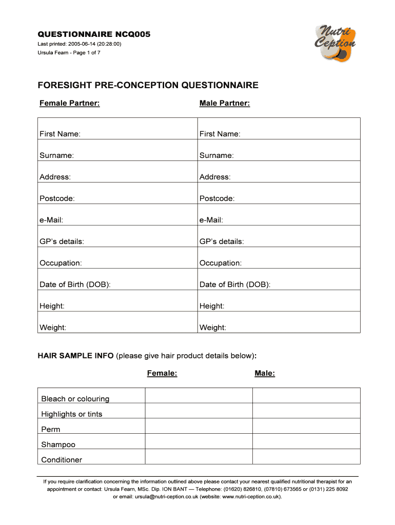 Fillable Online nutri-ception co FORESIGHT PRE-CONCEPTION QUESTIONNAIRE ...