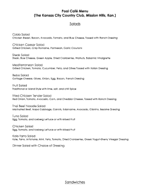 Fillable Online Pool Caf Menu (The Kansas City Country Club, Mission ...