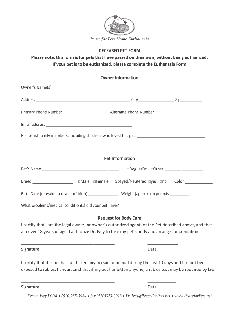 Fillable Online peaceforpets Deceased Pet Form - Peace For Pets Home ...