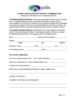 Fillable Online CLERGY APPLICATION FOR THE WALK TO EMMAUS TEAM (Please fill in with black ink or ...