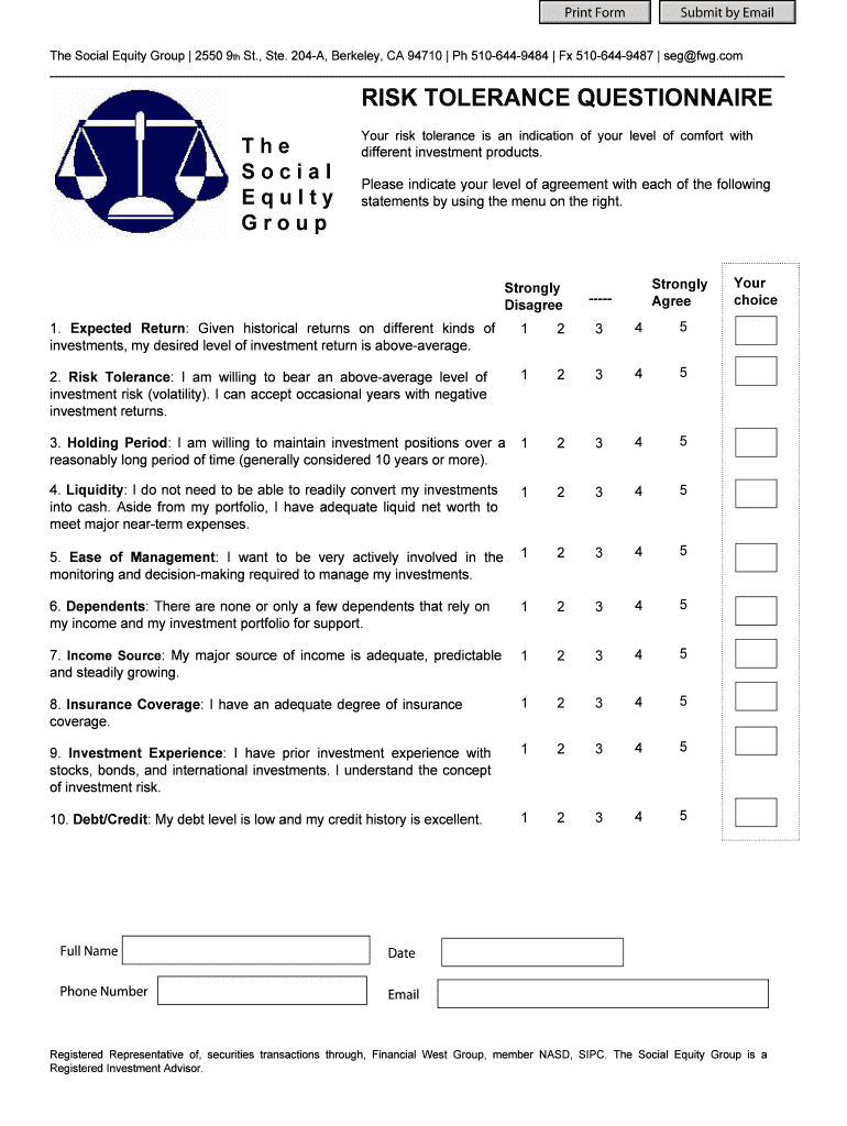 Fillable Online Risk tolerance questionnaire - The Social Equity Group Fax Email Print - pdfFiller