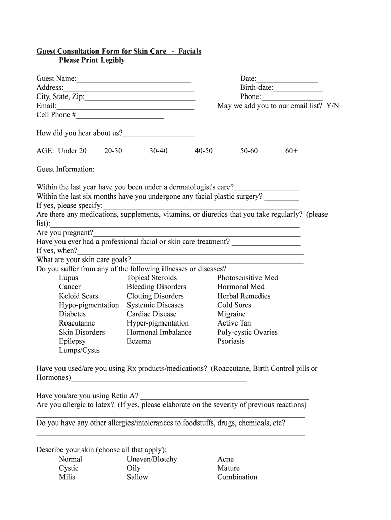 Fillable Online Guest Consultation Form for Skin Care - Facials Please ...