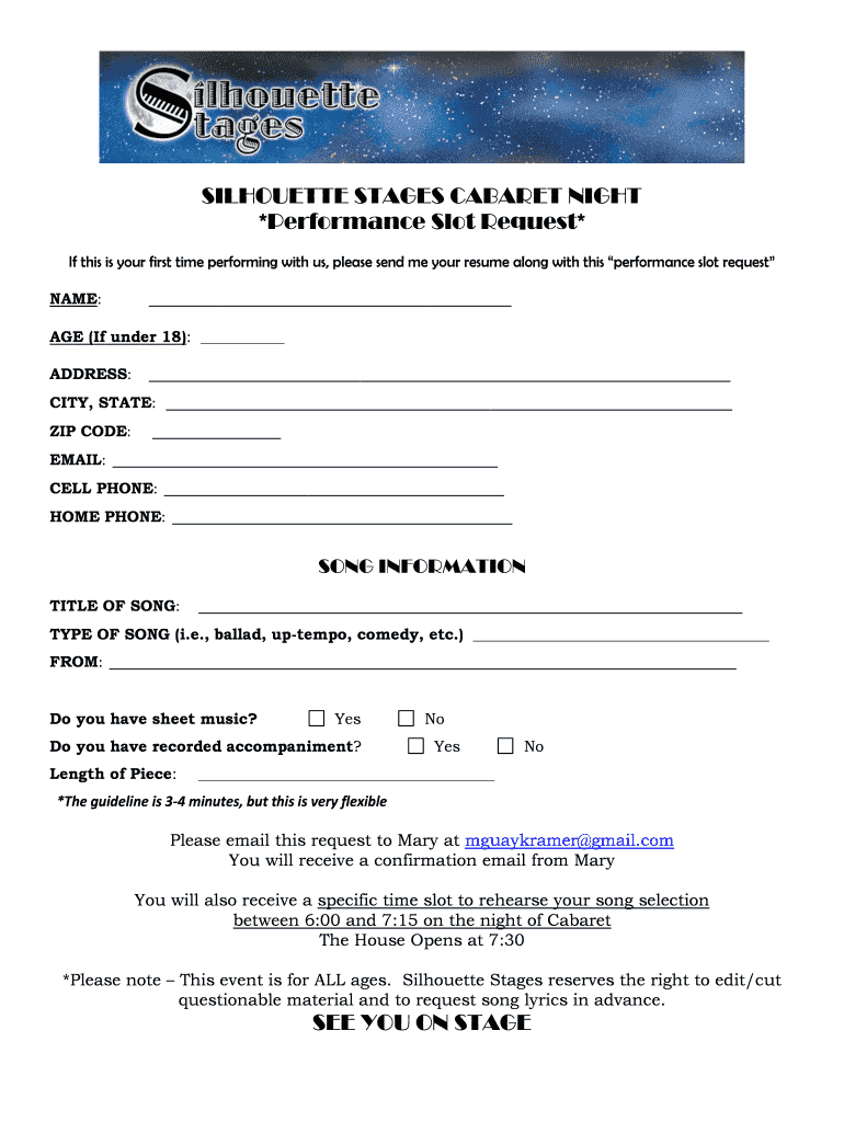Fillable Online SILHOUETTE STAGES CABARET NIGHT *Performance Slot ...