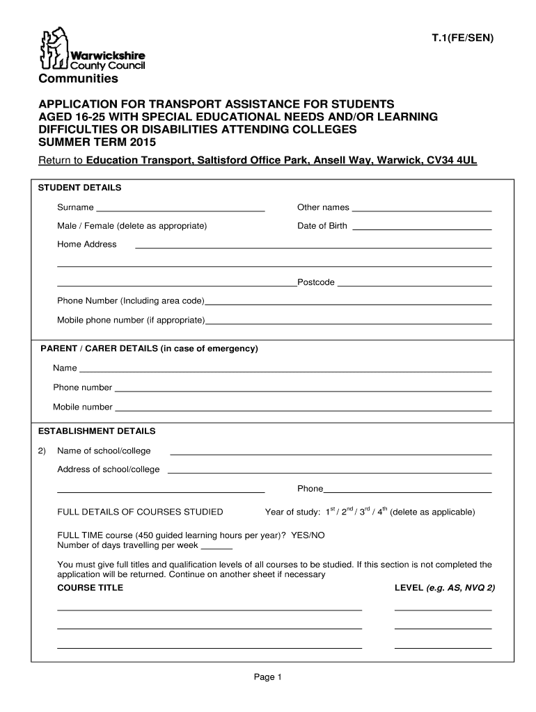 Fillable Online apps warwickshire gov APPLICATION FOR TRANSPORT ...
