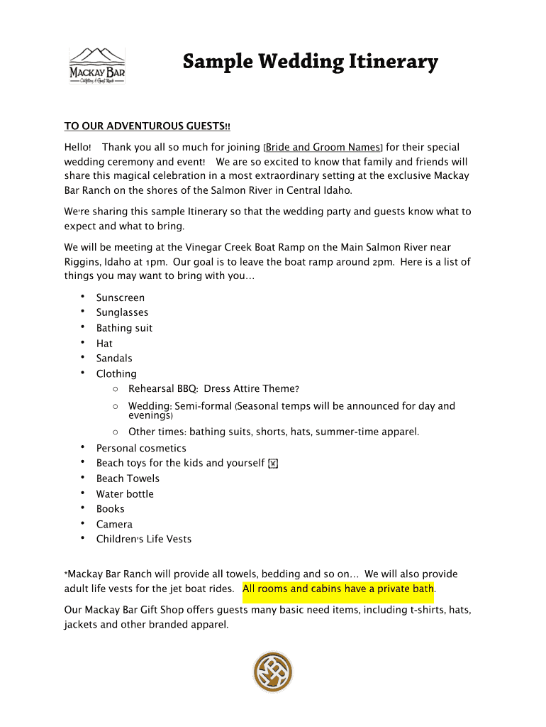 Fillable Online Sample Wedding Itinerary Fax Email Print - pdfFiller