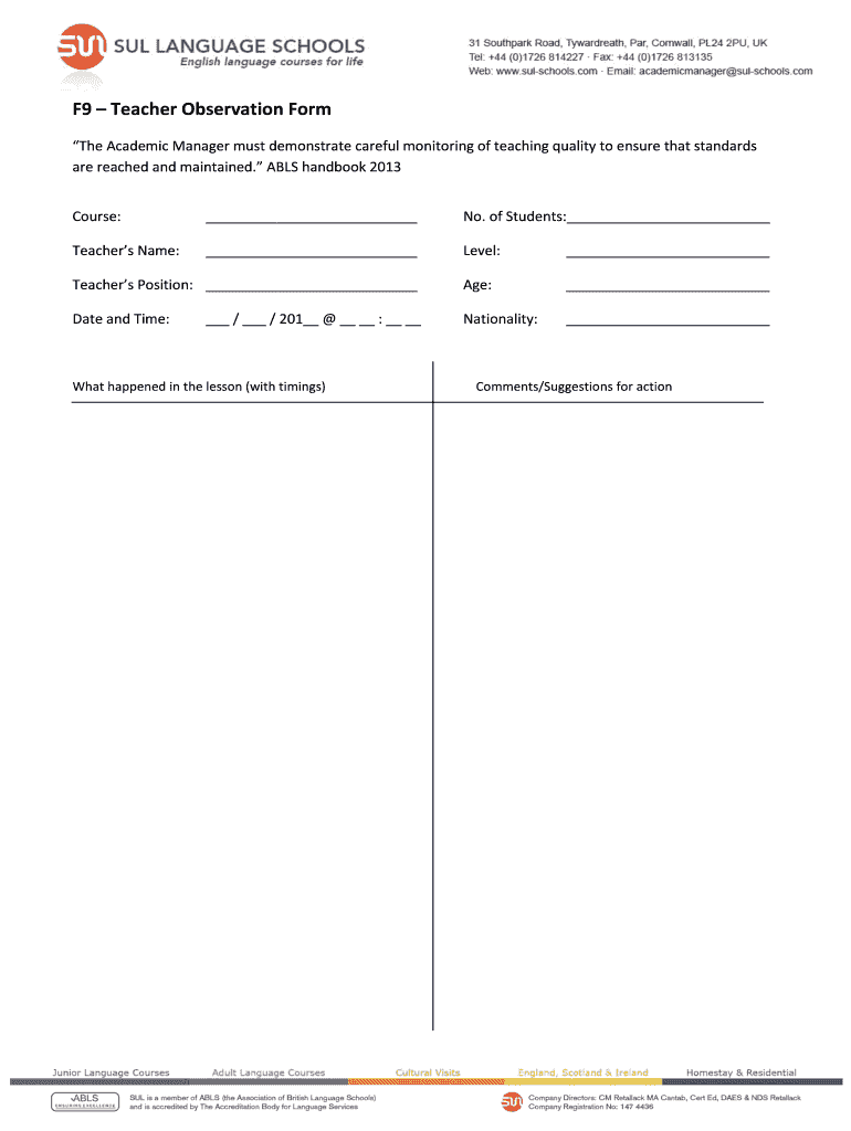 Fillable Online F9 Teacher Observation Form - SUL Language Schools Fax ...