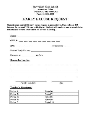Fillable Online stuysu EARLY EXCUSE REQUEST - stuysu.org Fax Email ...