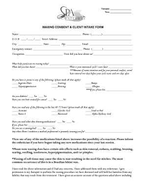 Fillable Online Waxing intake form - Spa at the Waterway Fax Email ...