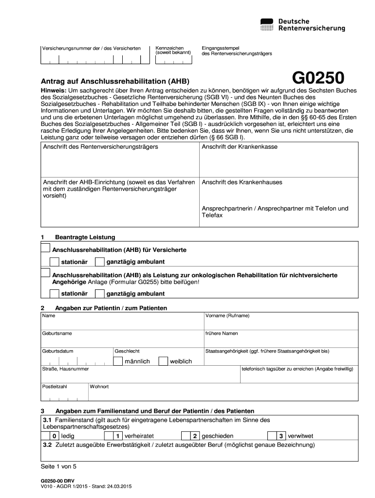 German Anschlussrehabilitation Application Form G0250 - Leere ...