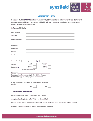 Fillable Online Application Form - Hayesfield Mixed Sixth Form Fax Email Print - pdfFiller