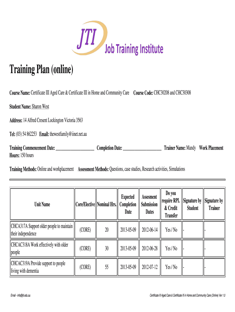 Fillable Online jti edu Training Plan (online) Course Name: Certificate ...