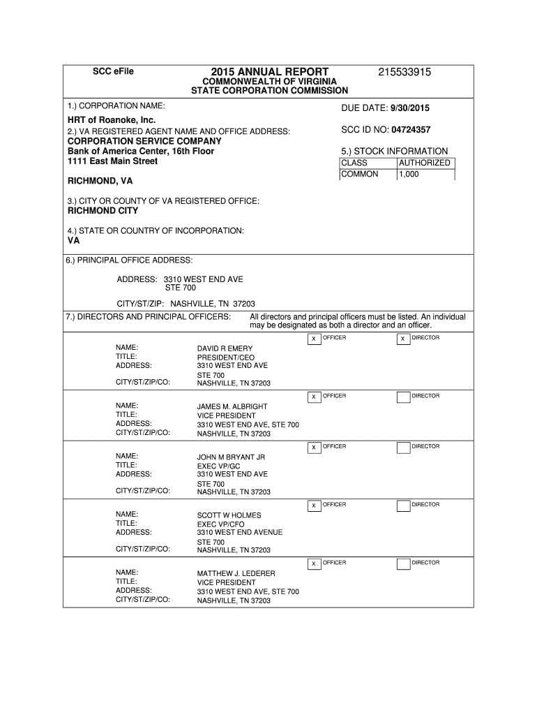 Fillable Online SCC eFile 2015 ANNUAL REPORT 215533915 COMMONWEALTH OF VIRGINIA STATE ...